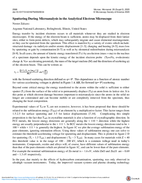 (PDF) Sputtering During Microanalysis in the Analytical Electron Microscope