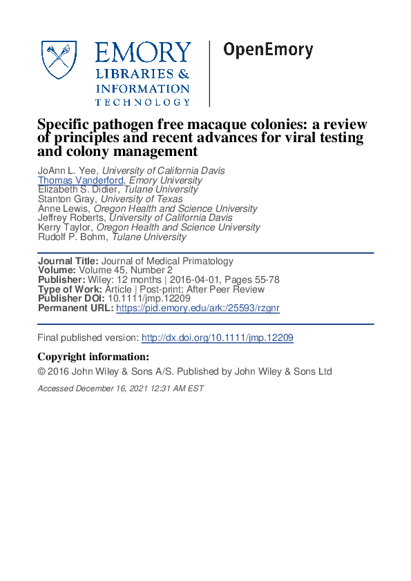 (PDF) Specific pathogen free macaque colonies: a review of principles ...