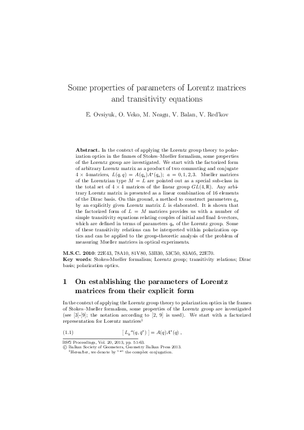 (PDF) Some properties of parameters of Lorentz matrices and transitivity equations