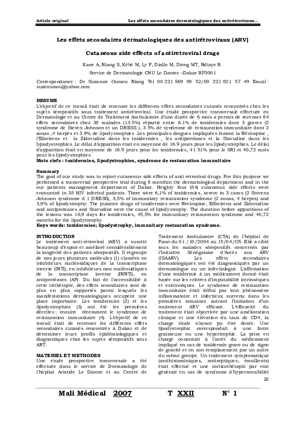 (PDF) Les effets secondaires dermatologiques des antirétroviraux (ARV ...