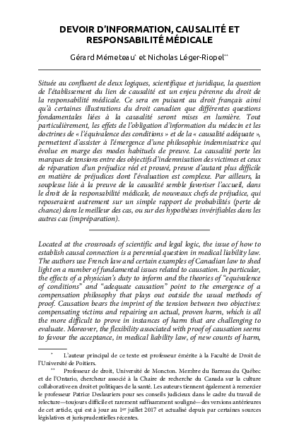 (PDF) Devoir D’Information, Causalité et Responsabilité Médicale