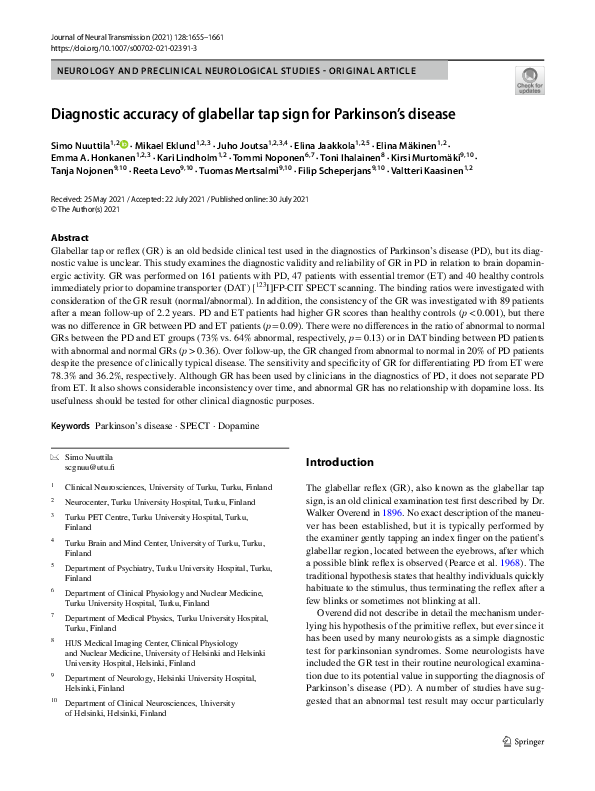 (PDF) Diagnostic accuracy of glabellar tap sign for Parkinson’s disease