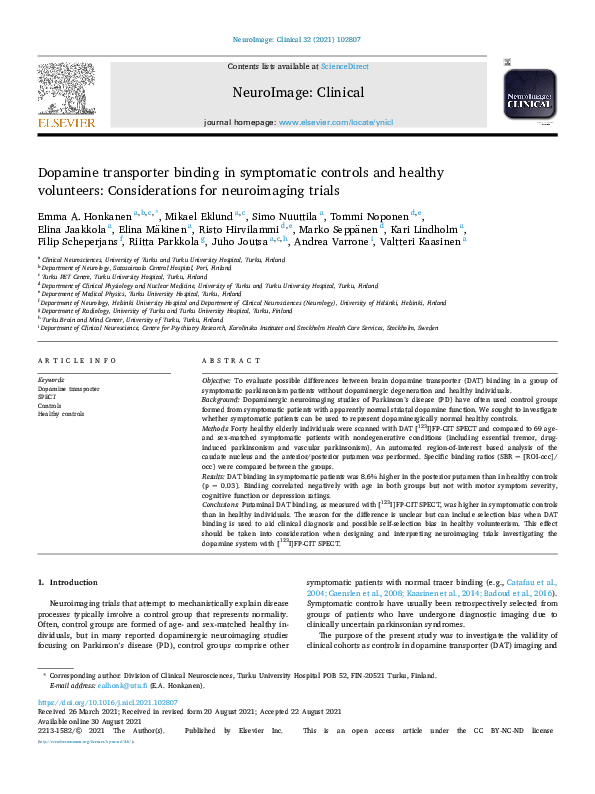 (PDF) Dopamine transporter binding in symptomatic controls and healthy ...