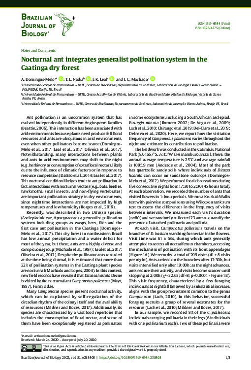 (PDF) Nocturnal ant integrates generalist pollination system in the ...