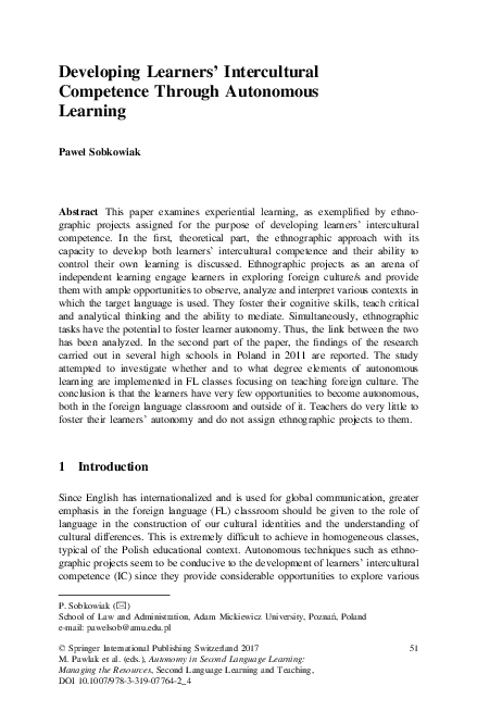 (PDF) Developing Learners’ Intercultural Competence Through Autonomous Learning