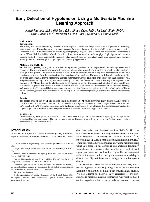 (PDF) Early Detection of Hypotension Using a Multivariate Machine Learning Approach