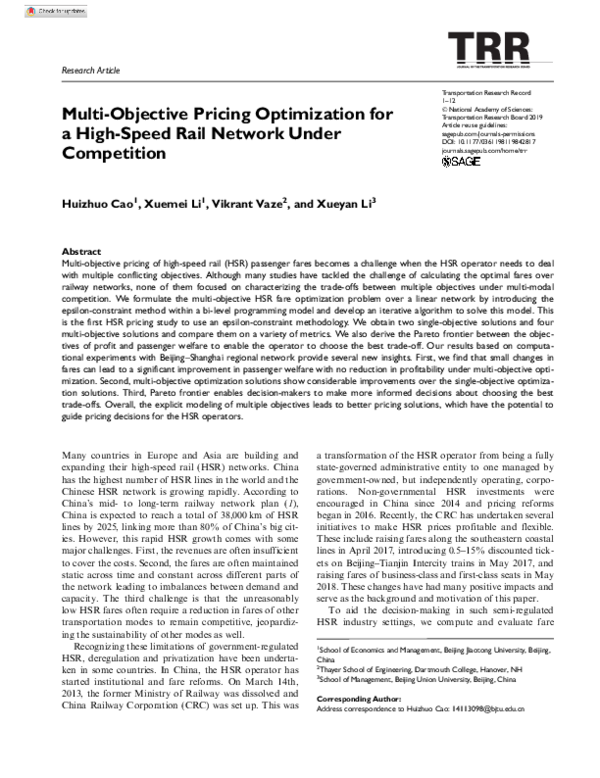 (PDF) Multi-Objective Pricing Optimization for a High-Speed Rail Network Under Competition
