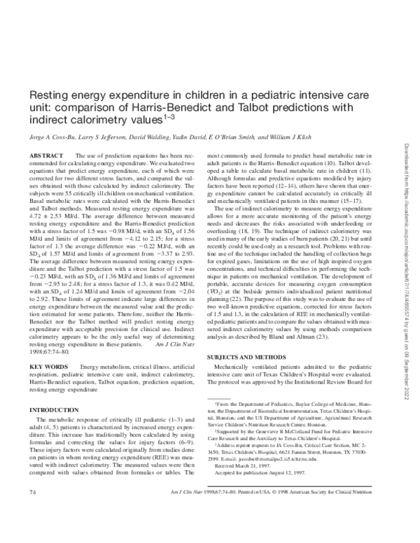 (PDF) Resting energy expenditure in children in a pediatric intensive ...