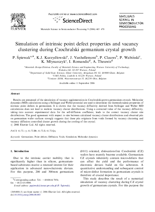 (PDF) Simulation of intrinsic point defect properties and vacancy clustering during Czochralski ...