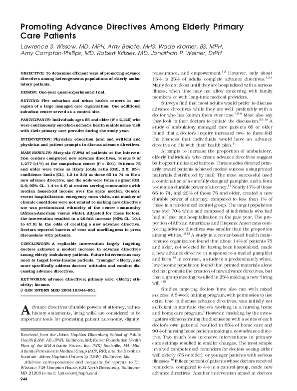 (PDF) Promoting advance directives among elderly primary care patients