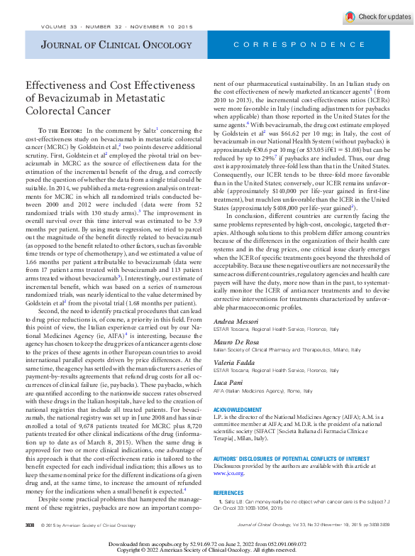 (PDF) Effectiveness and Cost Effectiveness of Bevacizumab in Metastatic Colorectal Cancer