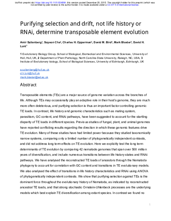(PDF) Purifying selection and drift, not life history or RNAi ...