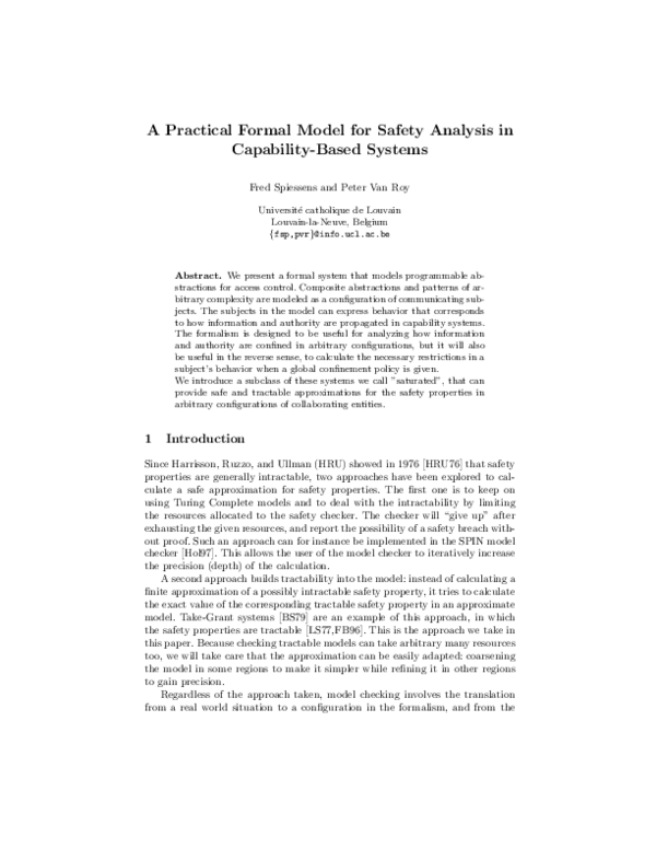 (PDF) Formal Safety Analysis in Capability Systems