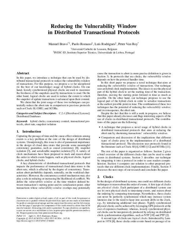(PDF) Reducing the vulnerability window in distributed transactional protocols