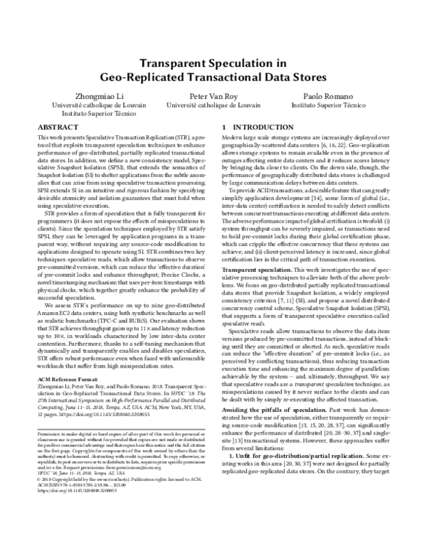 (PDF) Transparent speculation in geo-replicated transactional data stores