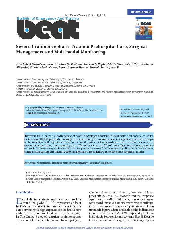 (PDF) Severe Cranioencephalic Trauma: Prehospital Care, Surgical ...
