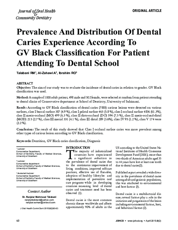 (PDF) Prevalence And Distribution Of Dental Caries Experience According ...