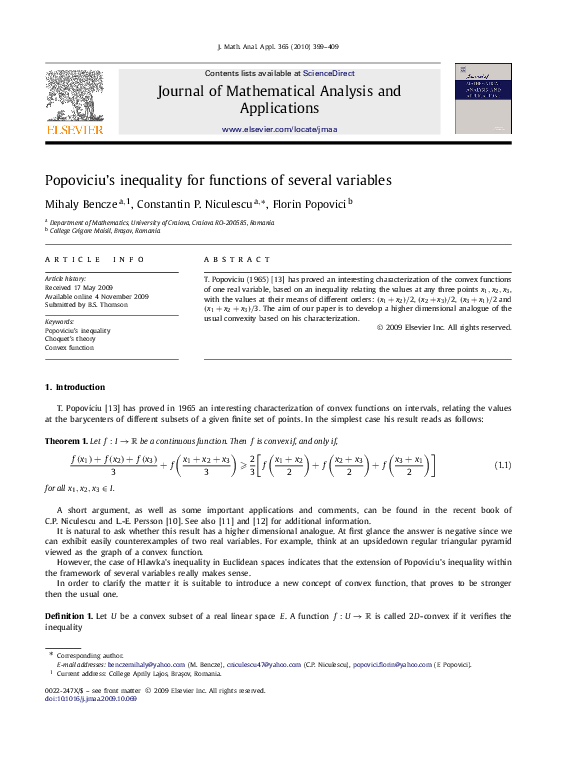 (PDF) Popoviciu's inequality for functions of several variables | Constantin Niculescu ...