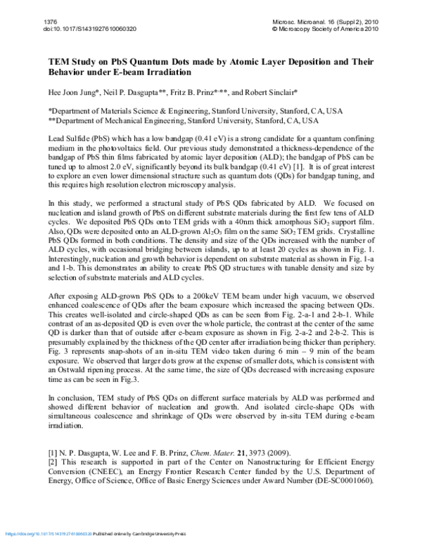 (PDF) TEM Study on PbS Quantum Dots Made by Atomic Layer Deposition and Their Behavior Under E ...