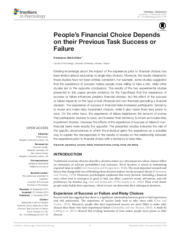 (PDF) People's Financial Choice Depends on their Previous Task Success ...