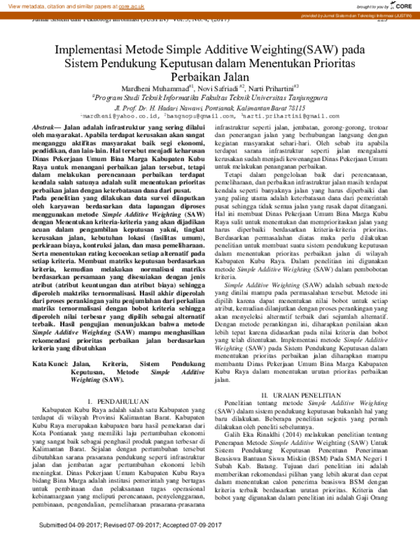 (PDF) Implementasi Metode Simple Additive Weighting (SAW) pada Sistem ...