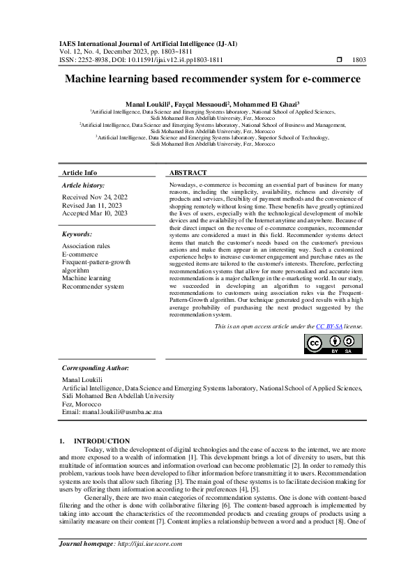 (PDF) Machine learning based recommender system for e-commerce