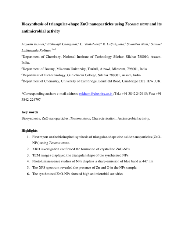 (PDF) Biosynthesis of Triangular-Shape ZnO Nanoparticles Using Tecoma Stans and Its ...