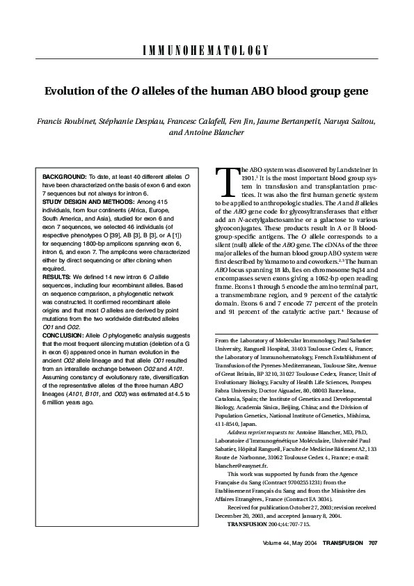 (PDF) Evolution of the O alleles of the human ABO blood group gene