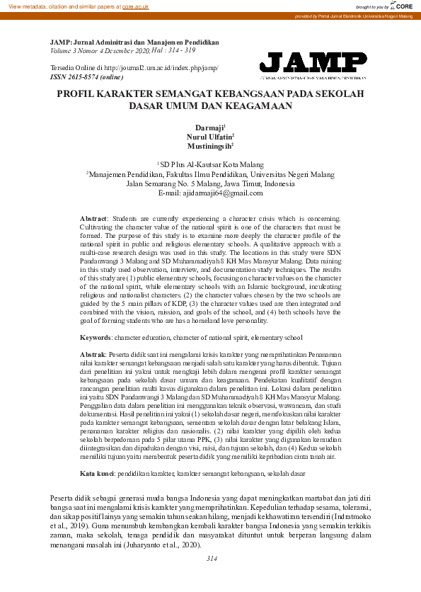 (PDF) Profil Karakter Semangat Kebangsaan Pada Sekolah Dasar Umum Dan Keagamaan
