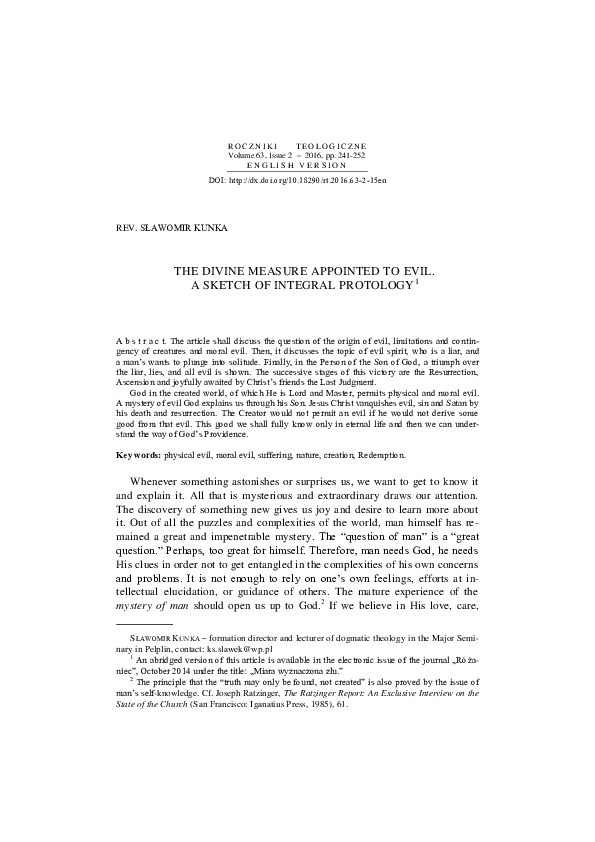 (PDF) The Divine Measure Appointed to Evil. A Sketch of Integral Protology