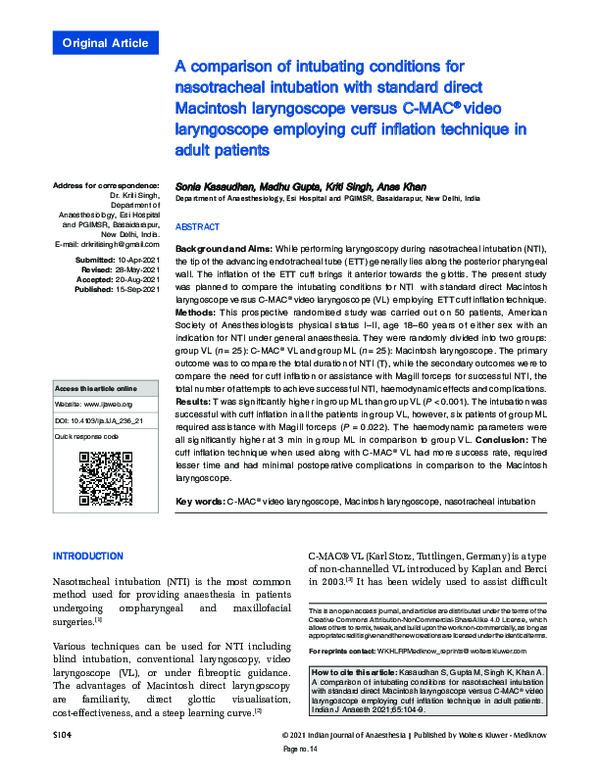 (PDF) A comparison of intubating conditions for nasotracheal intubation ...