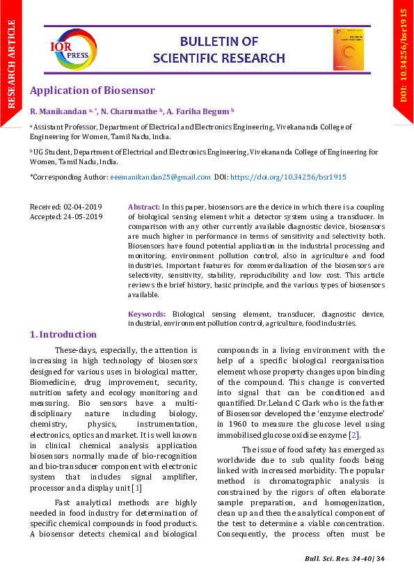 (PDF) Application of Biosensor