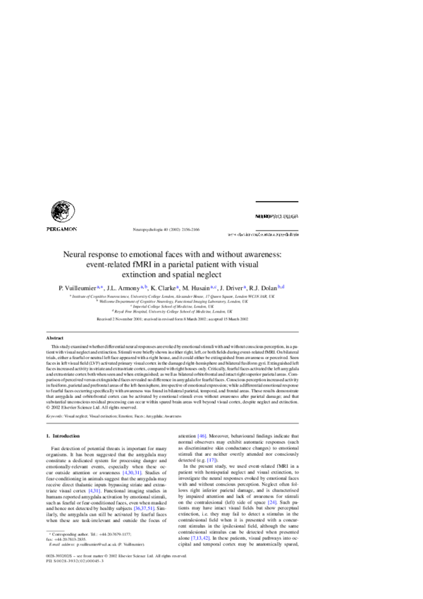 (PDF) Neural response to emotional faces with and without awareness: event-related fMRI in a ...