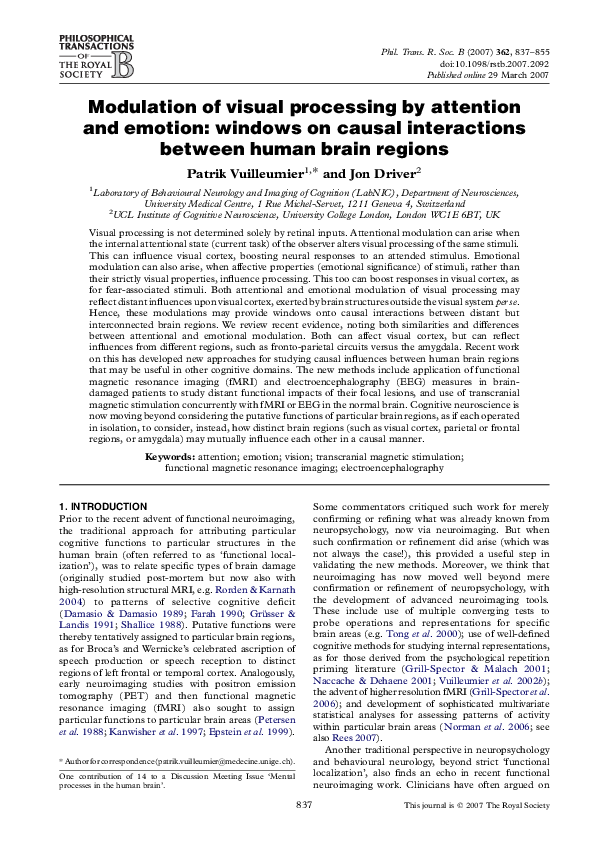 (PDF) Modulation of visual processing by attention and emotion: windows on causal interactions ...