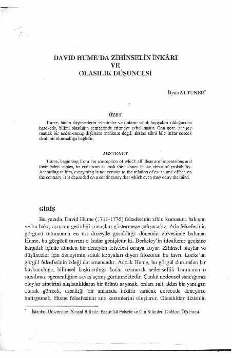(PDF) David Hume'da Zihinselin İnkârı ve Olasılık Düşüncesi