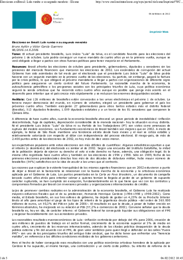 (PDF) Elecciones en Brasil: Lula rumbo a su segundo mandato