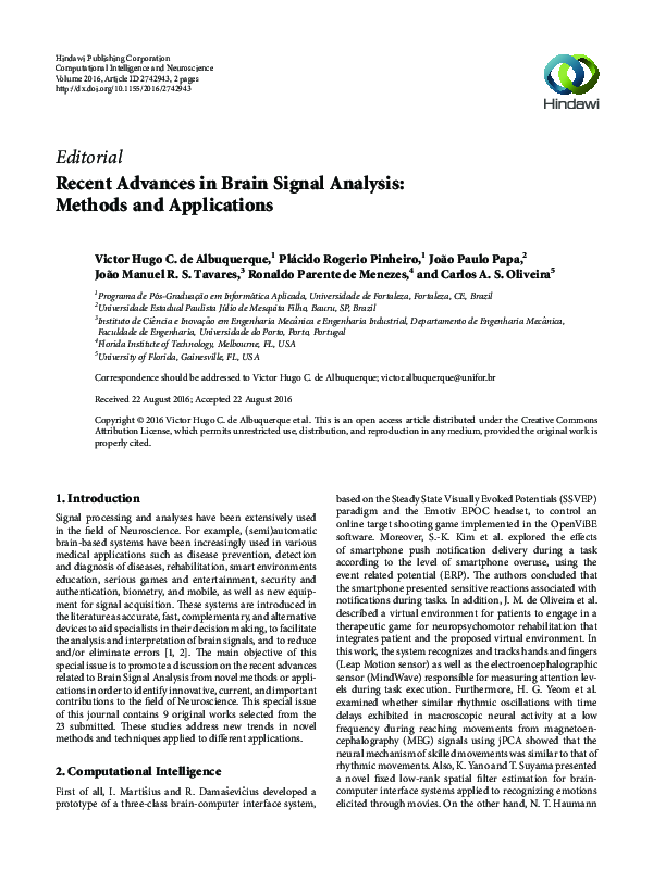 (PDF) Recent Advances in Brain Signal Analysis: Methods and Applications