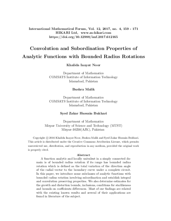 (PDF) Convolution and subordination properties of analytic functions with bounded radius rotations