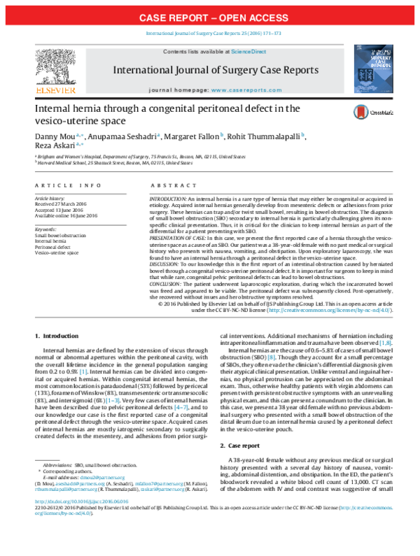(PDF) Internal hernia through a congenital peritoneal defect in the ...