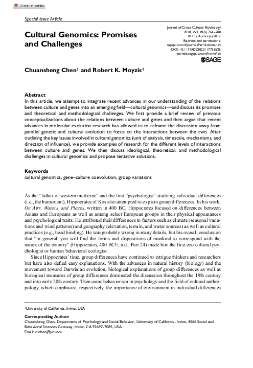 (PDF) Cultural Genomics: Promises and Challenges