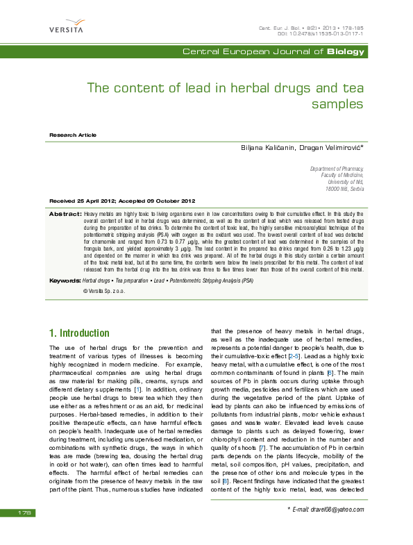 (PDF) The content of lead in herbal drugs and tea samples | Dragan ...