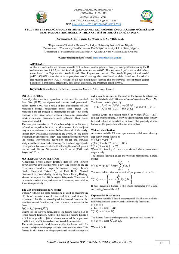 (PDF) Study on the Performance of Some Parametric Proportional Hazard Models and Semi-Parametric ...