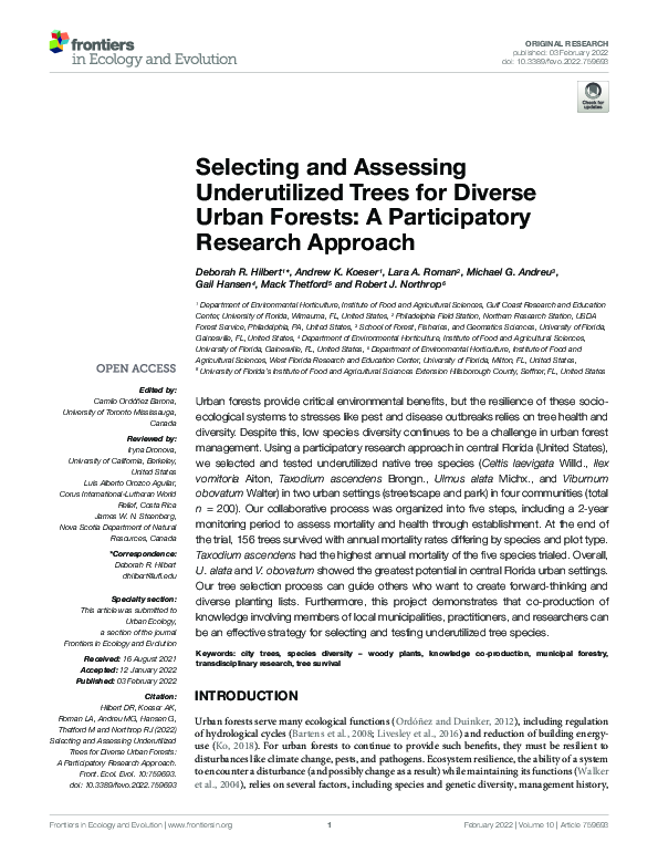 (PDF) Selecting and Assessing Underutilized Trees for Diverse Urban ...