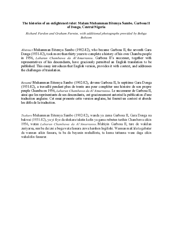 (PDF) The histories of an enlightened ruler: Malam Muhamman Bitemya ...