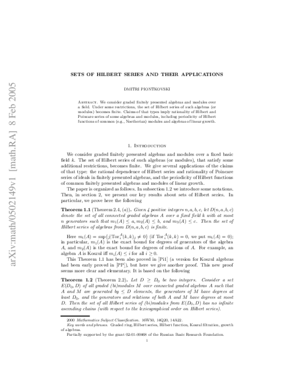 (PDF) Sets of Hilbert series and their applications