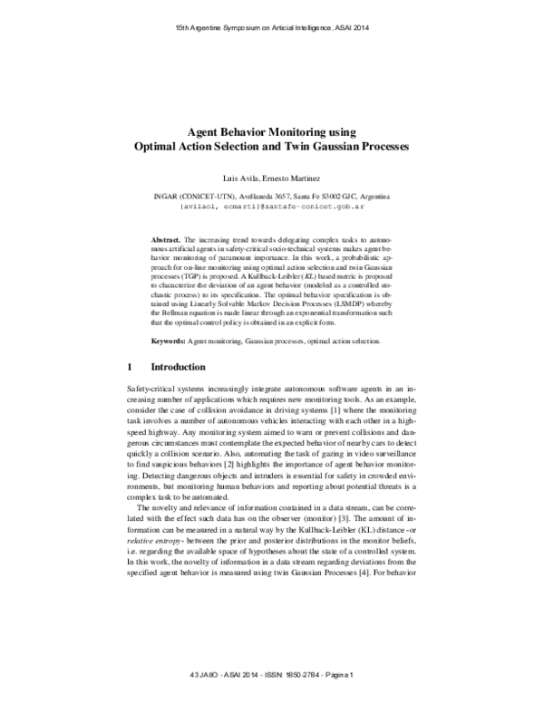 Pdf Agent Behavior Monitoring Using Optimal Action Selection And Twin Gaussian Processes