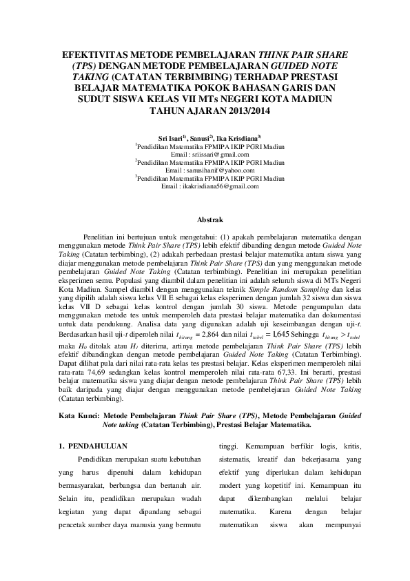 (PDF) EFEKTIVITAS METODE PEMBELAJARAN THINK PAIR SHARE (TPS) DENGAN METODE PEMBELAJARAN GUIDED ...