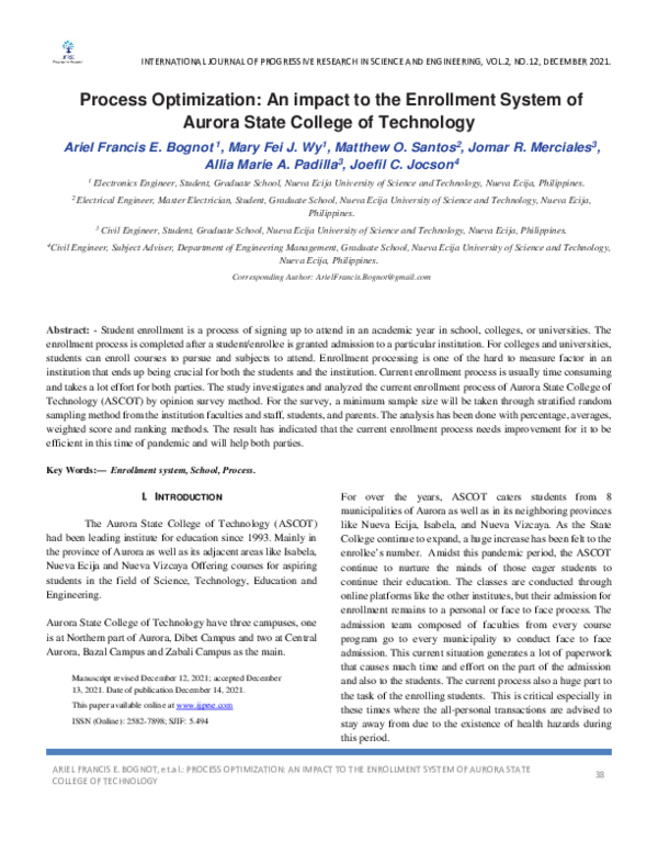 (PDF) Process Optimization: An impact to the Enrollment System of Aurora State College of Technology
