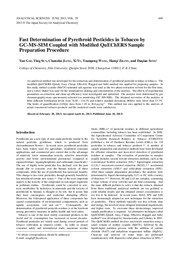 (PDF) Fast Determination of Pyrethroid Pesticides in Tobacco by GC-MS-SIM Coupled with Modified ...