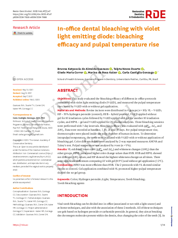 (PDF) In-office dental bleaching with violet light emitting diode: bleaching efficacy and pulpal ...